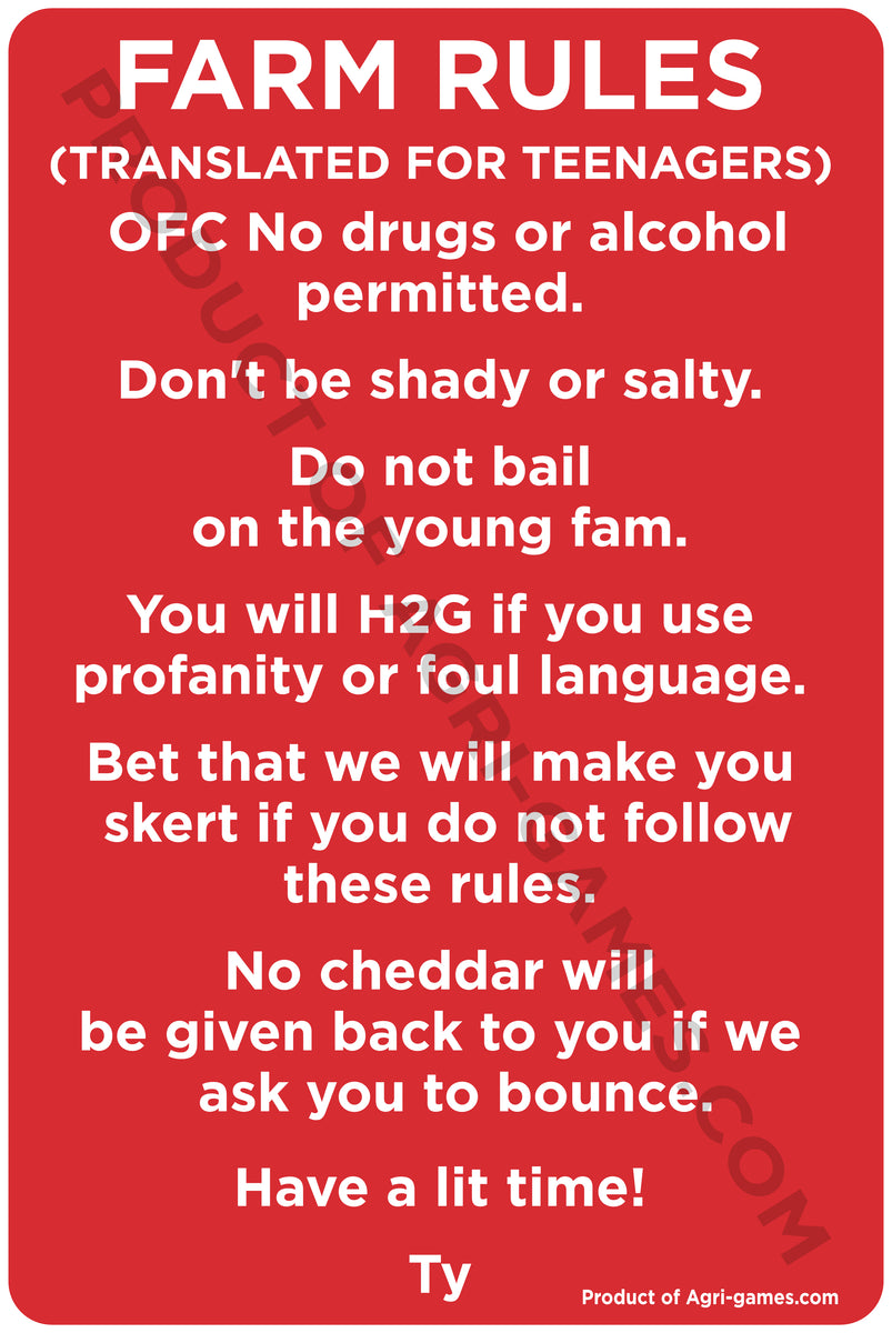 Farm Rules Sign Set - Call Bethany To Order - 918-323-6352 – Agri-Games